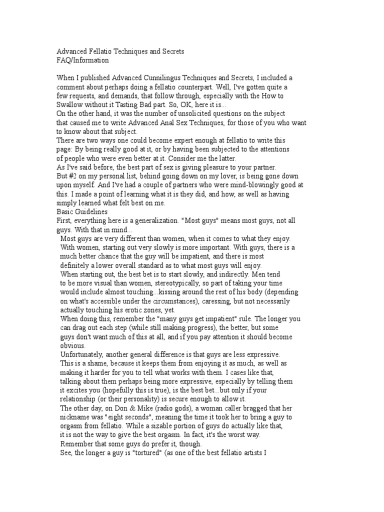 Advanced Fellatio Techniques and Secrets | PDF | Orgasm | Sex Industry