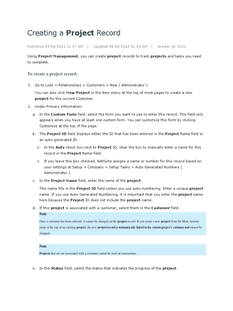 Creating A Project Record in Netsuite | PDF | Customer Relationship ...