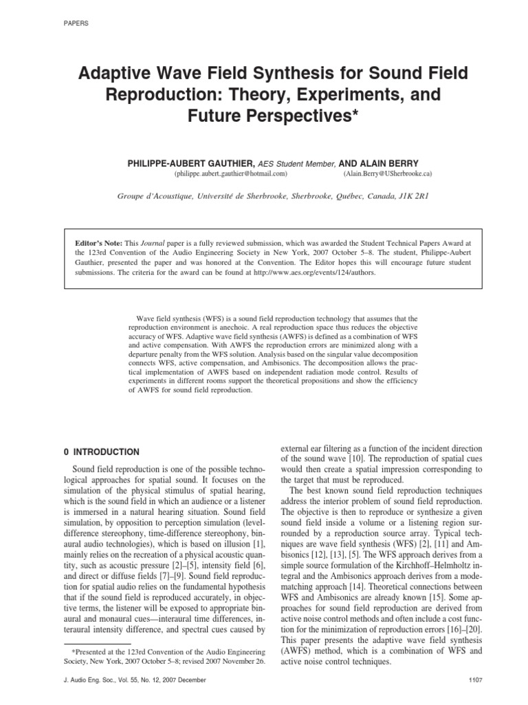 2007 Adaptive Wave Field Synthesis For Sound Field Reproduction: Theory ...