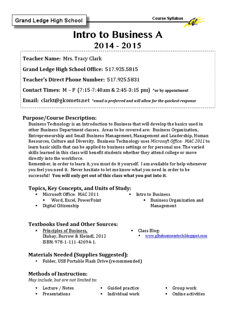 Intro to Business A Syllabus 2014-2015 | PDF | Homework | Pedagogy
