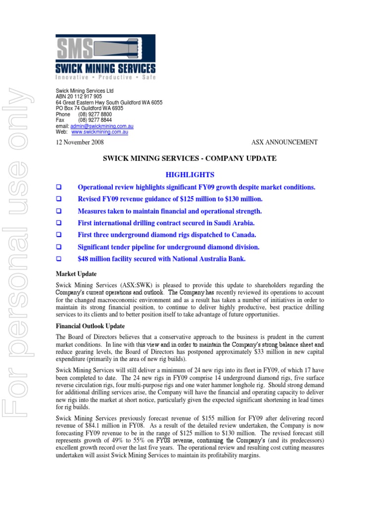 Swick Mining Services - Company Update: Highlights | PDF | Drilling Rig ...