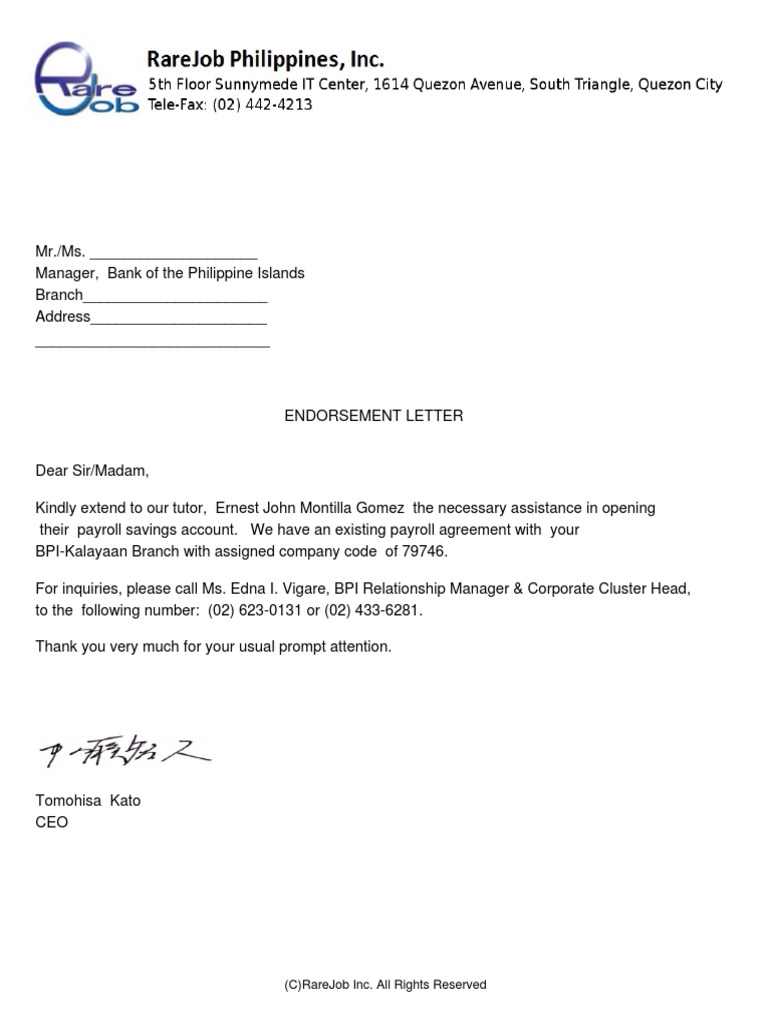 BPI Payroll Account Endorsement Letter | PDF | Banking | Financial Services