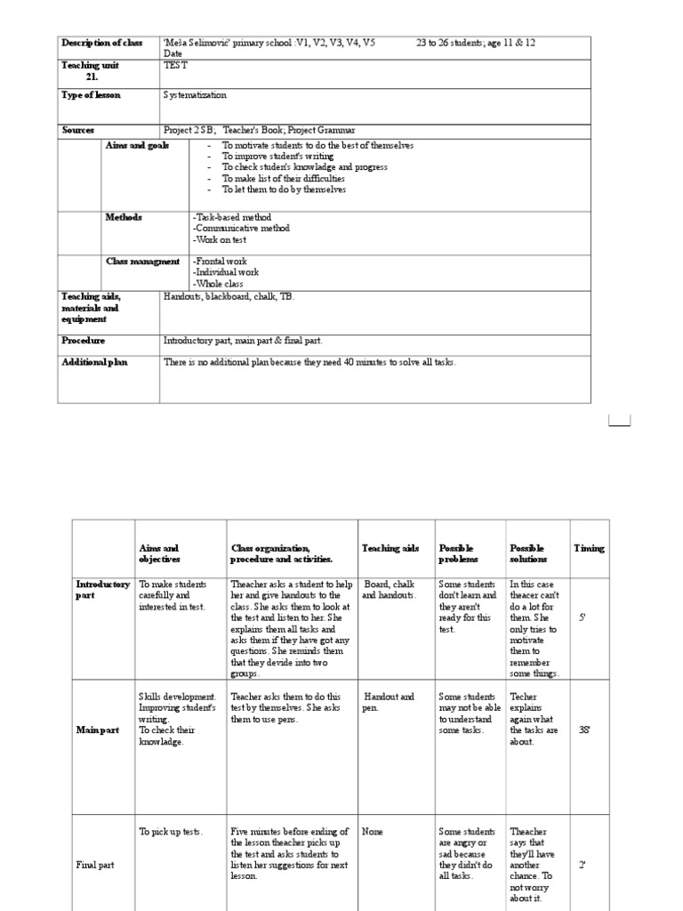 Primary School Test Lesson Plan | PDF