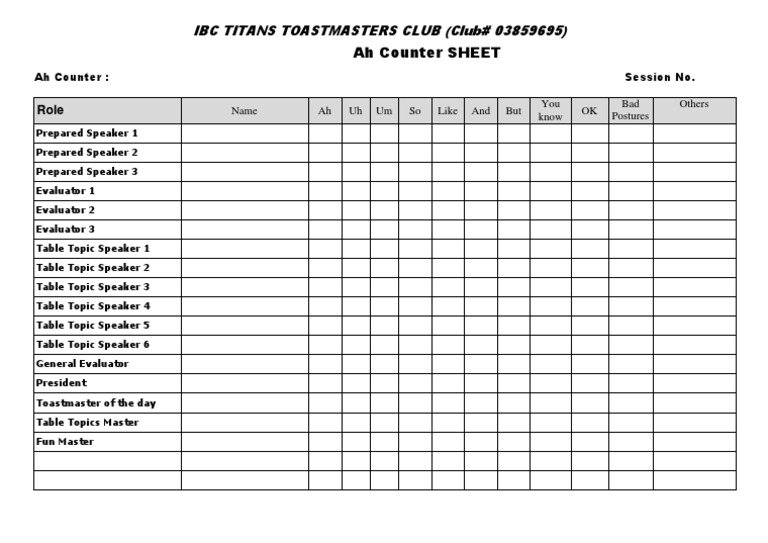 Toastmasters Ah Counter Sheet Template | PDF | Language Arts & Discipline
