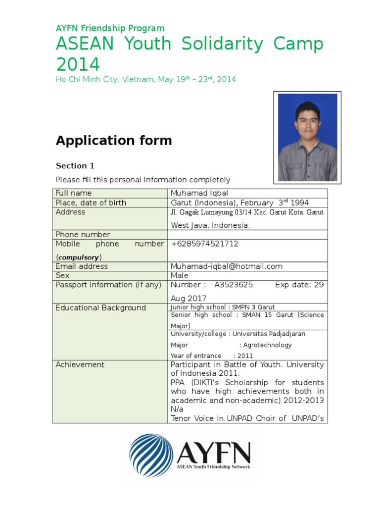 ASEAN Youth Solidarity Camp 2014: Application Form | PDF | Languages