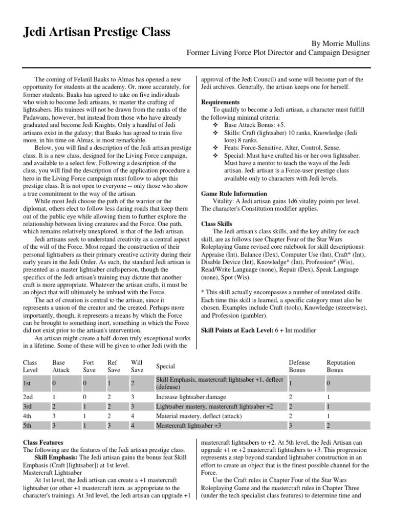 Star Wars RPG d20 - Jedi Artisan Prestige Class en | PDF | Jedi | Leisure