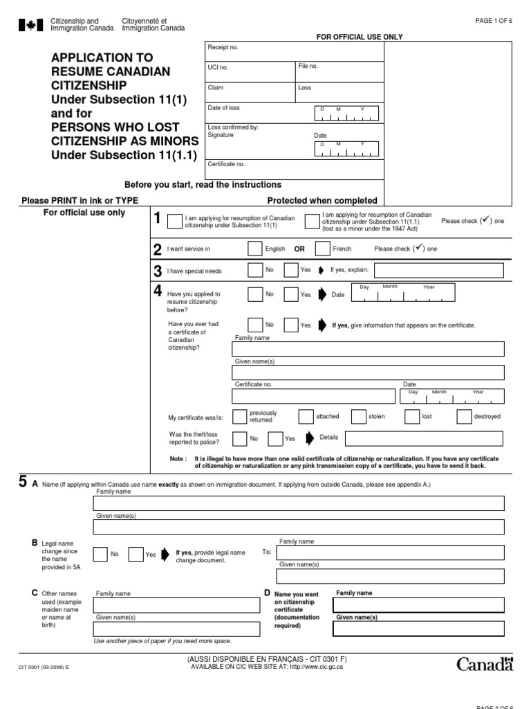 Canada Immigration Forms: CIT0301E | Download Free PDF | Personally ...