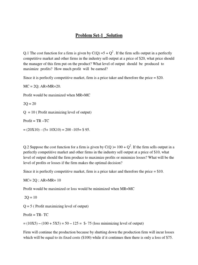 Problem Set-1 Solution | PDF | Perfect Competition | Profit (Economics)
