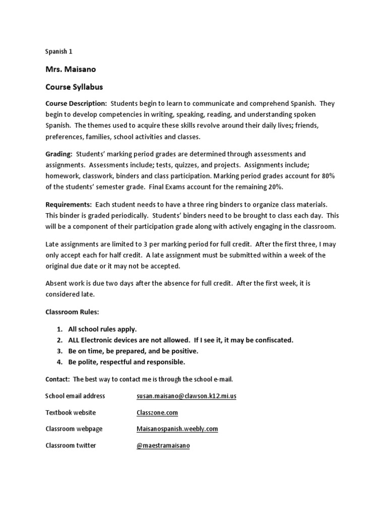 Spanish 1 Course Syllabus Overview | PDF | Wellness