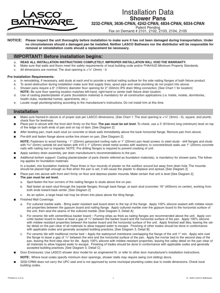 Lasco Shower Pan Installation | PDF | Textiles | Plumbing