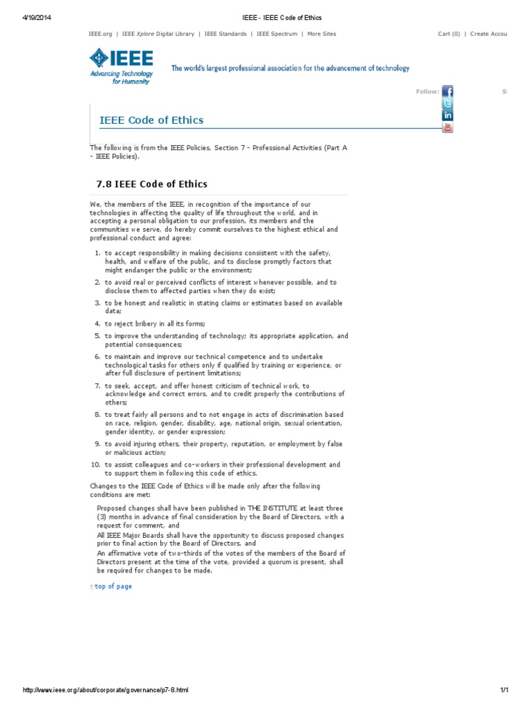 IEEE - IEEE Code of Ethics | Institute Of Electrical And Electronics ...
