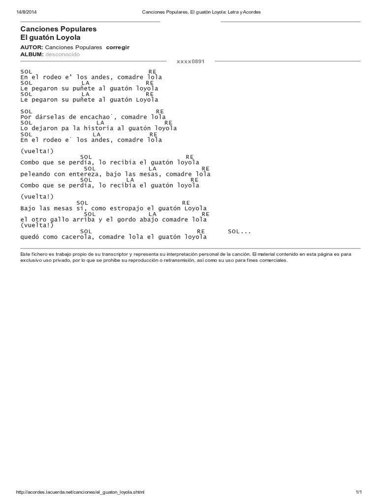 Canciones Populares, El Guatón Loyola - Letra y Acordes | Infografia ...