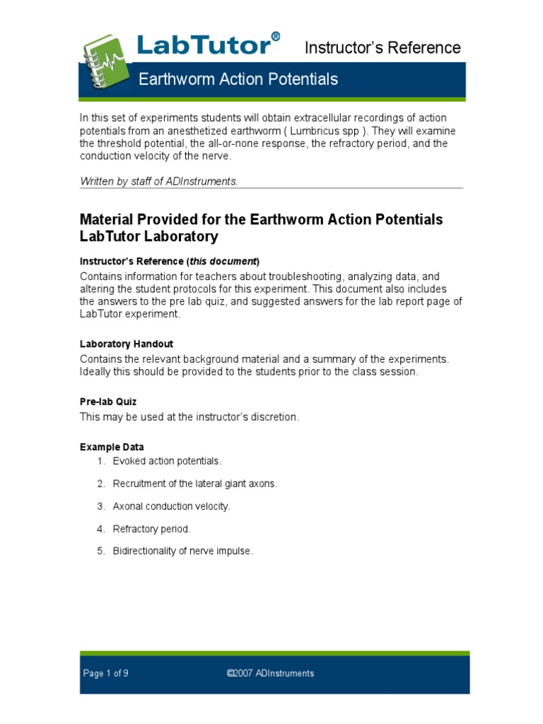 Earthworm Action Potential Lab Guide | PDF | Action Potential ...