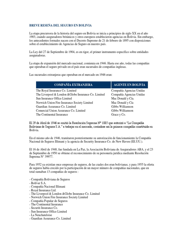 Breve Reseña Del Seguro en Bolivia | PDF | Póliza de seguros | Reaseguro