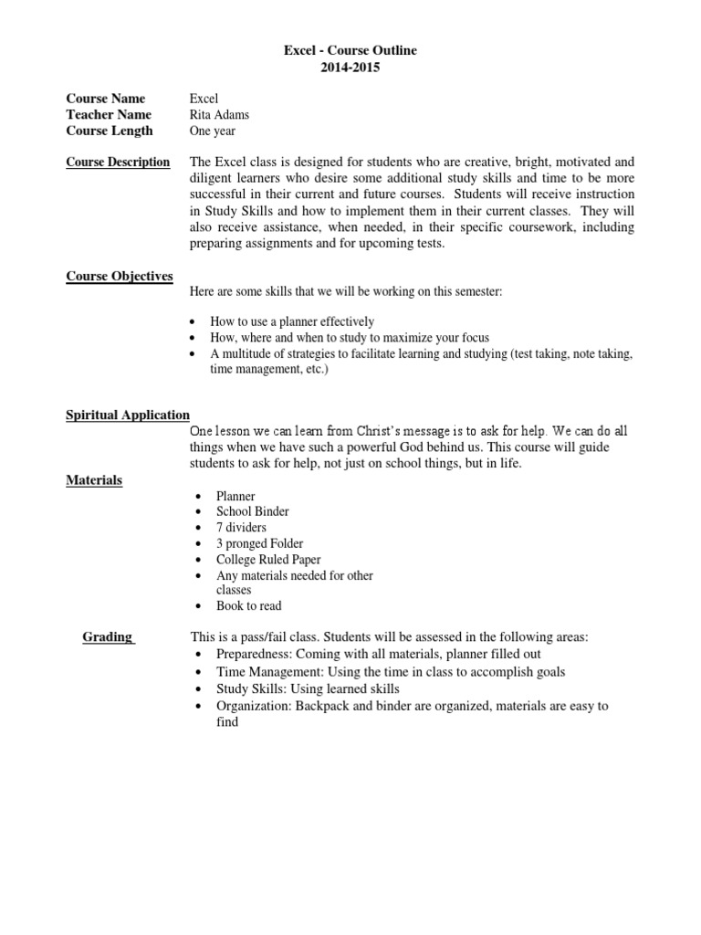 Excel - Course Outline 2014-2015 Course Name Teacher Name Course Length ...