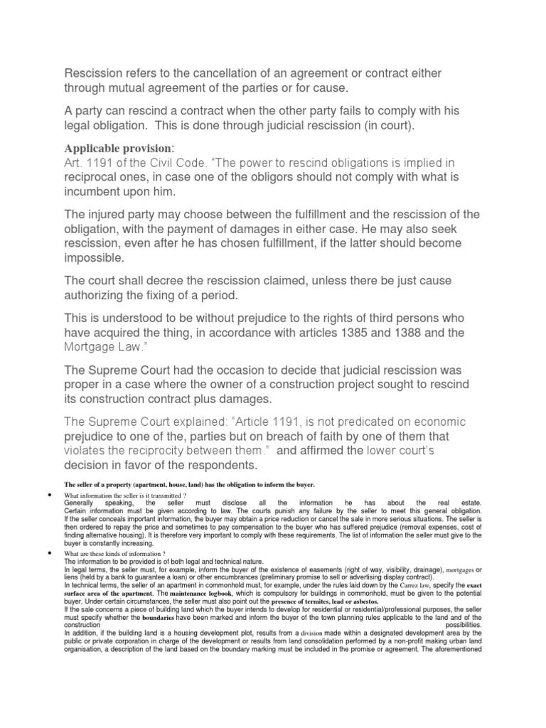 Rescission Refers To The Cancellation of An Agreement or Contract ...