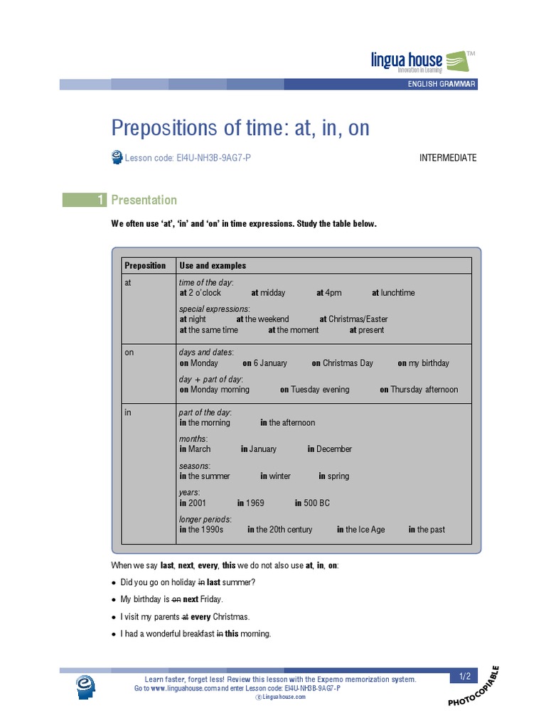 Prepositions of Time - At, In, On | PDF | English Grammar | English ...