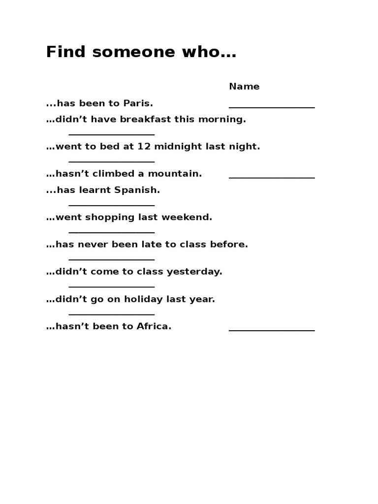 Find Someone Who: Tenses Worksheet | PDF