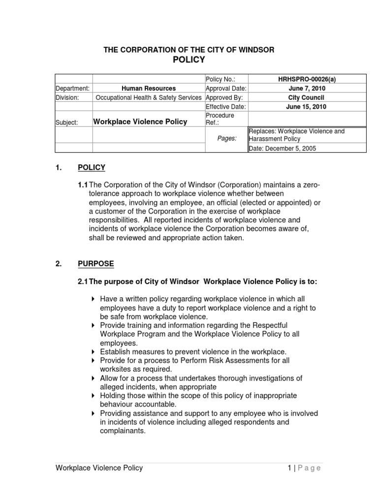 Workplace Violence Policy | PDF | Occupational Safety And Health | Violence