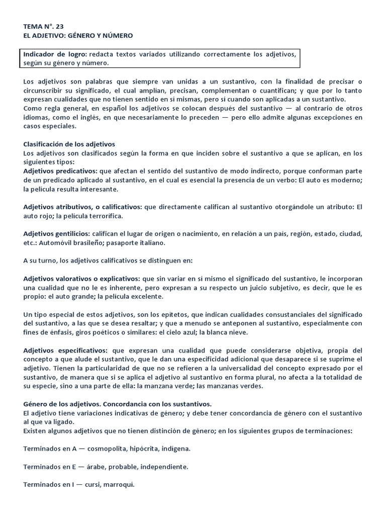 TEMA Adjetivos Genero y Número | PDF | Adjetivo | Género gramatical