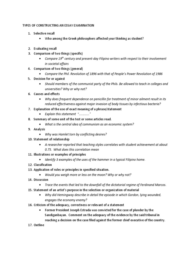Types of Essay Examination Construction | PDF | Essays | Philippines