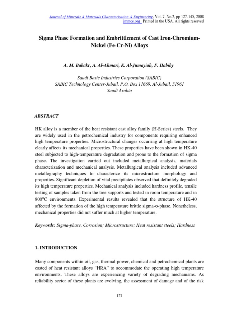 Sigma Phase Formation and Embrittlement of Cast Iron-Chromium-Nickel ...