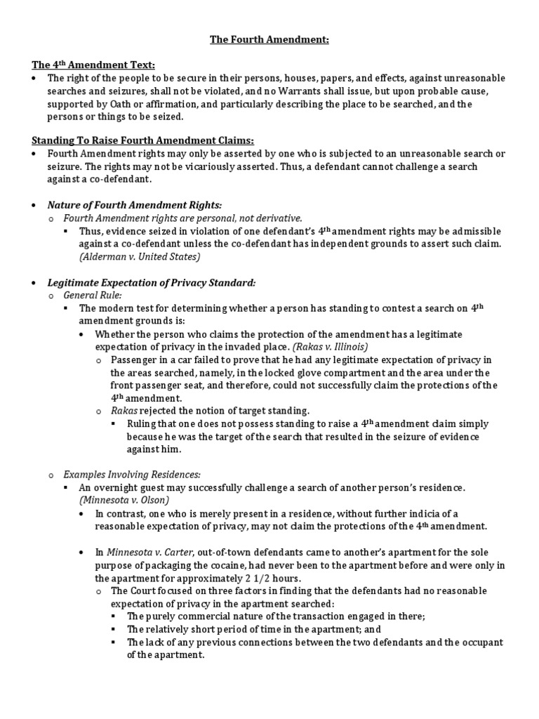 The Fourth Amendment Outline | PDF | Search And Seizure | Search Warrant