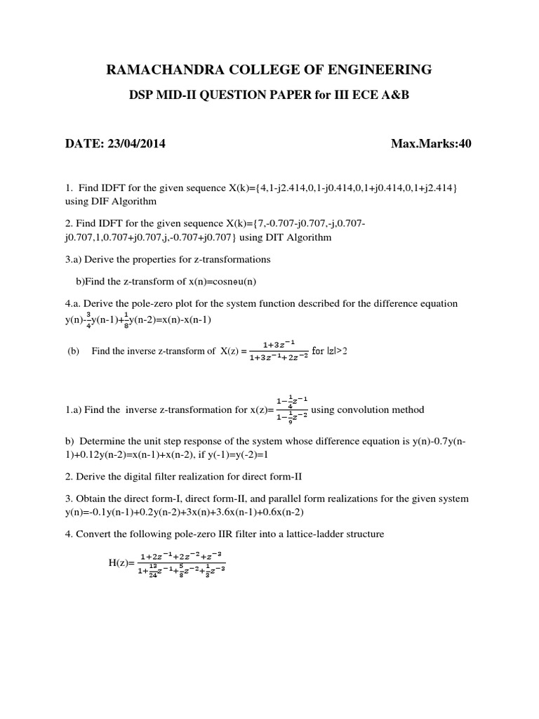 DSP Mid-II Question Paper for ECE III | PDF | Teaching Methods & Materials