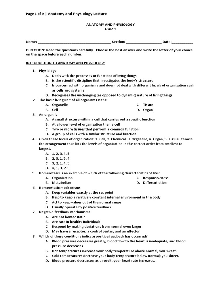Anatomy and Physiology Quiz 1: Exploring the Structure and Function of ...