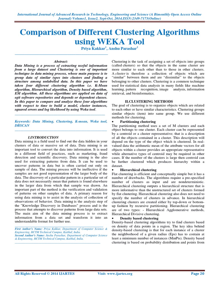 Comparison Of Different Clustering Algorithms Using Weka Tool Pdf Cluster Analysis Algorithms