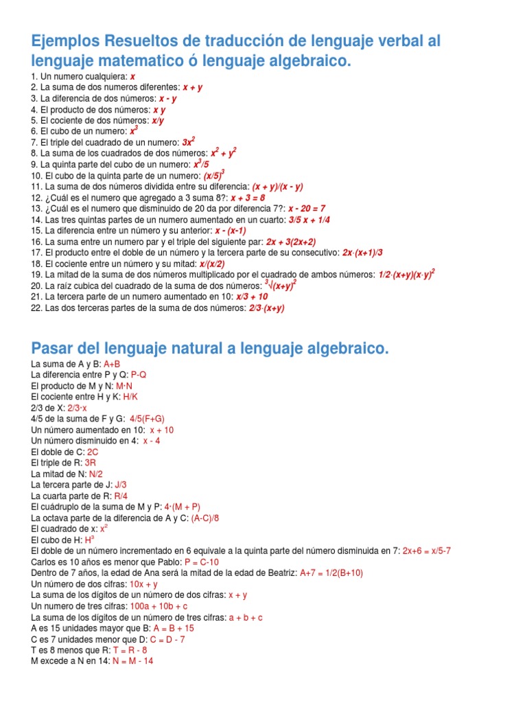 Ejemplos Resueltos de Traducción de Lenguaje Verbal Al Lenguaje Matematico ó Lenguaje Algebraico ...