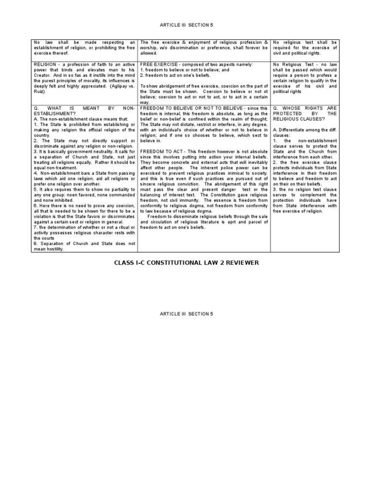 Article Iii Section 5: Class I-C Constitutional Law 2 Reviewer | PDF | Free Exercise Clause ...