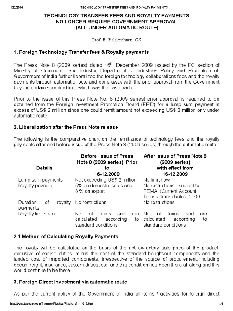 Technology Transfer Fees and Royalty Payments | PDF | Royalty Payment ...