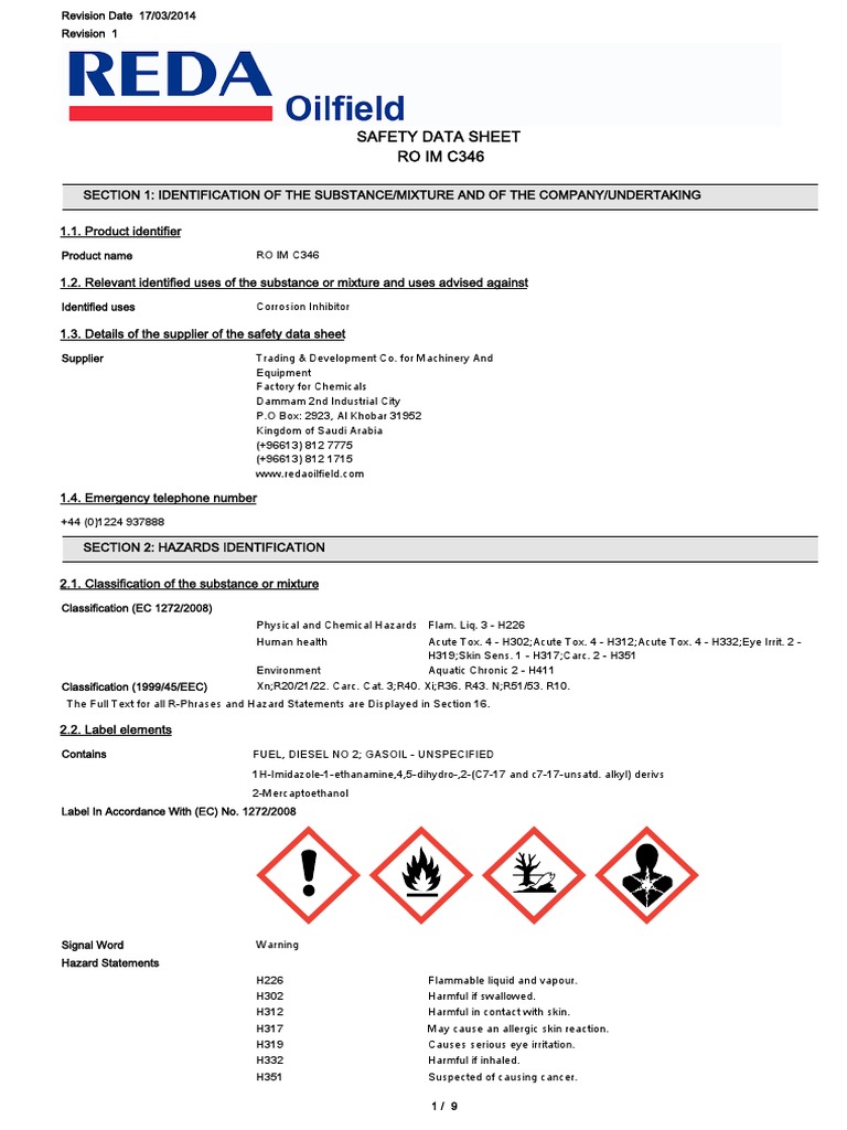 Reda Oilfield - Ro Im c346 Sds | PDF | Toxicity | Firefighting