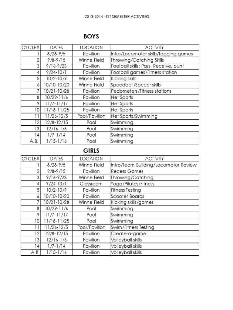 14-15activity Schedule | PDF | Sports & Recreation