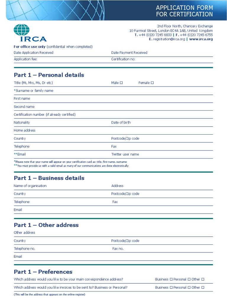 IRCA Auditor Certification Form | PDF | Audit | Payments