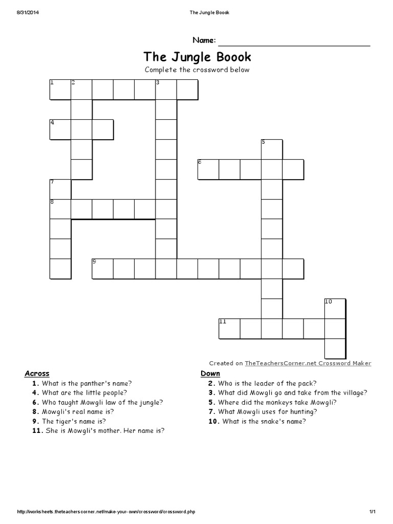 Jungle Book Crossword Worksheet | PDF