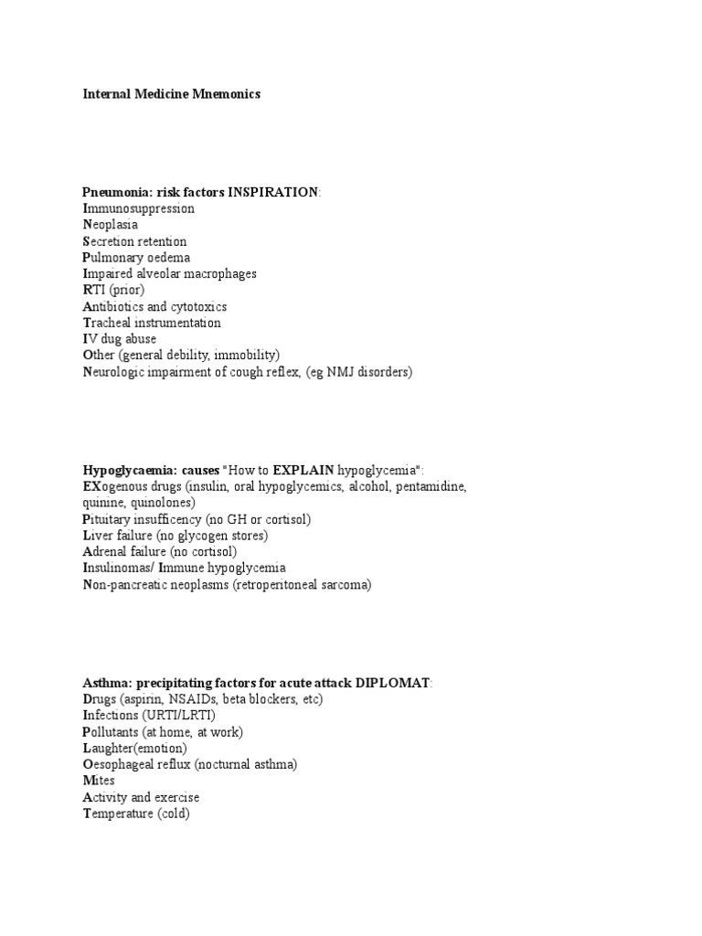 Internal Medicine Mnemonics Guide | PDF | Anemia | Respiratory Tract