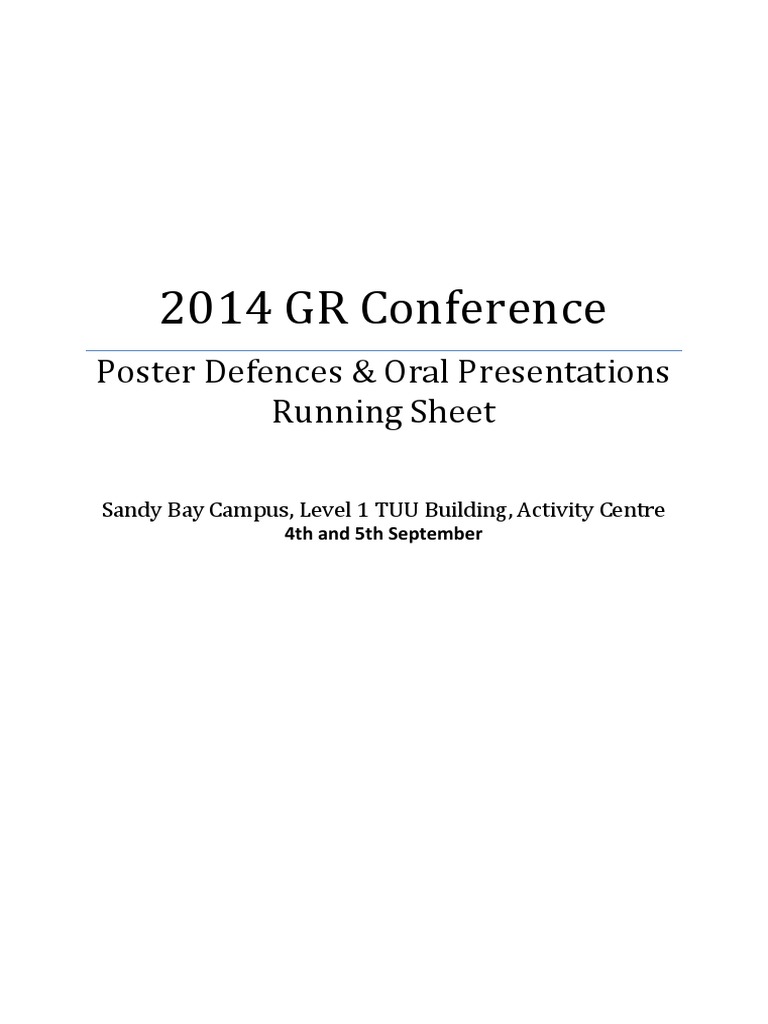 Poster Defences and Oral Presentations Running Sheet