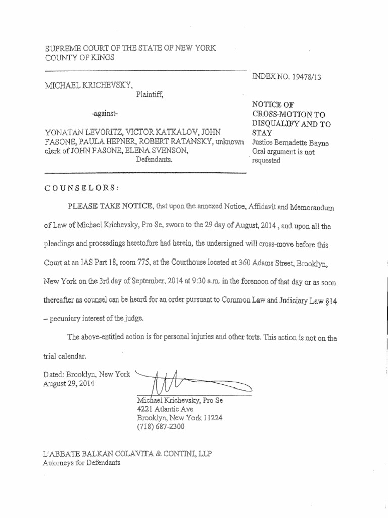 Motion To Disqualify Judge Bernasette Bayne and Stay | Lawsuit ...