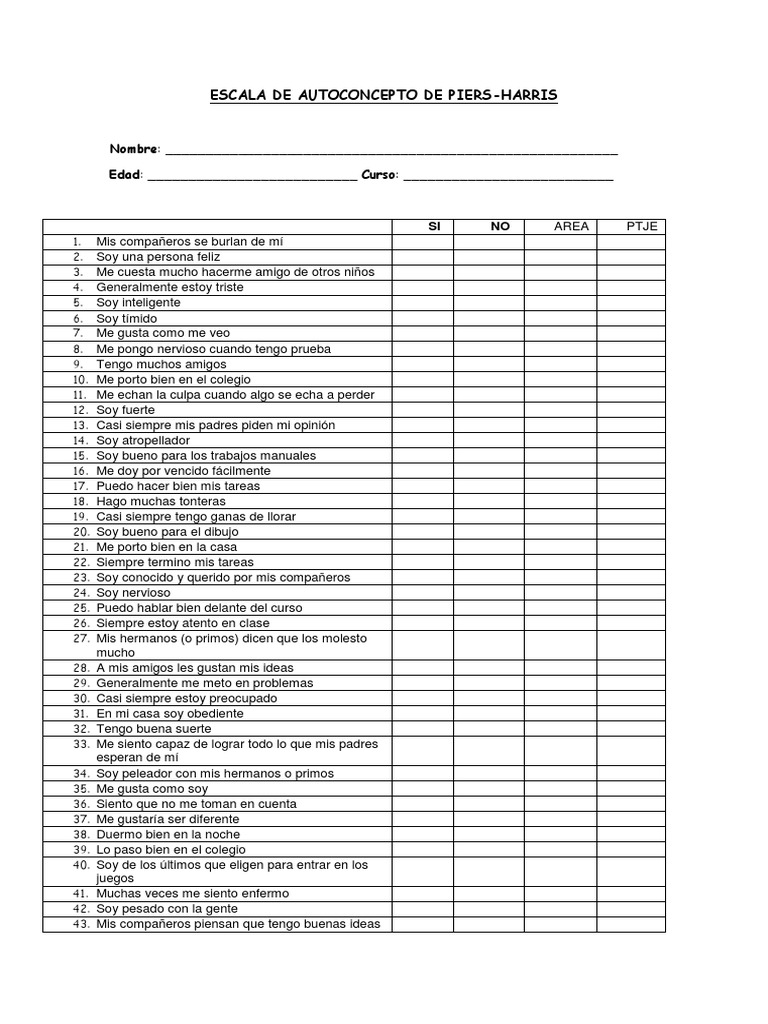 Escala de Autoconcepto de Piers-Harris Estandarizada | PDF