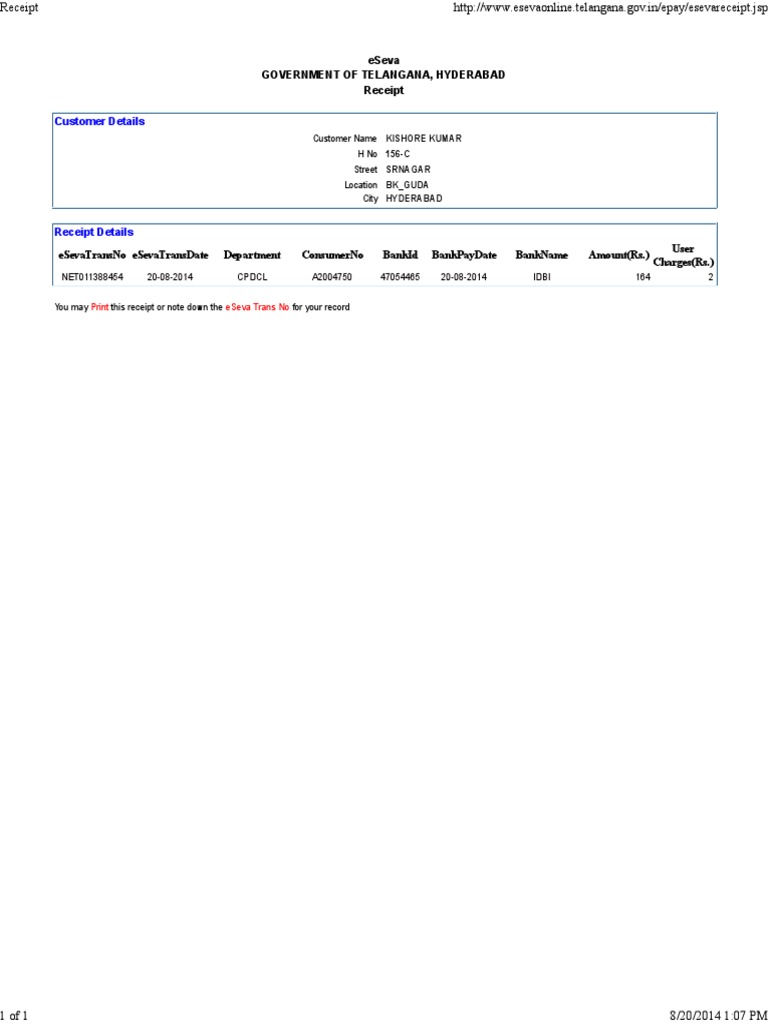 eSeva Payment Receipt for Kishore Kumar | PDF