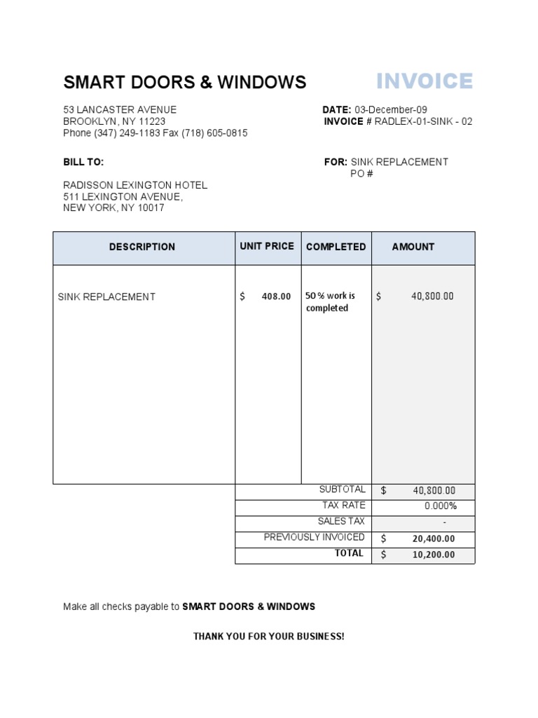 Invoice for Sink Replacement Services | PDF