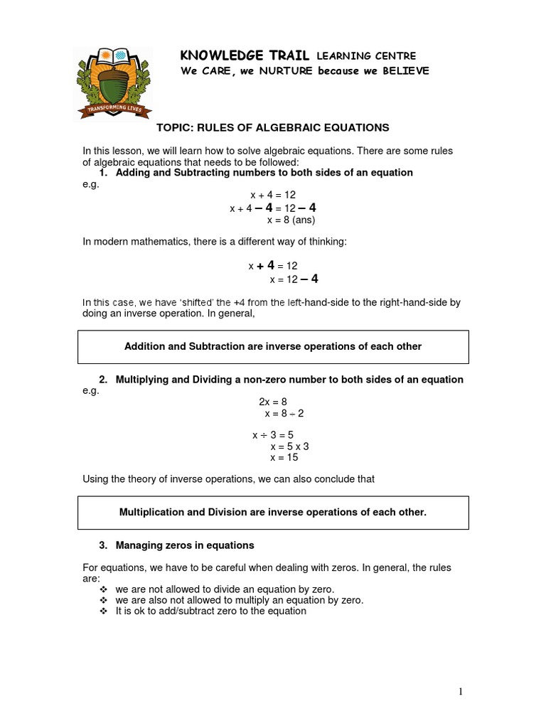 Lesson 1 (Rules of Algebraic Linear Equations) | PDF | Multiplication ...