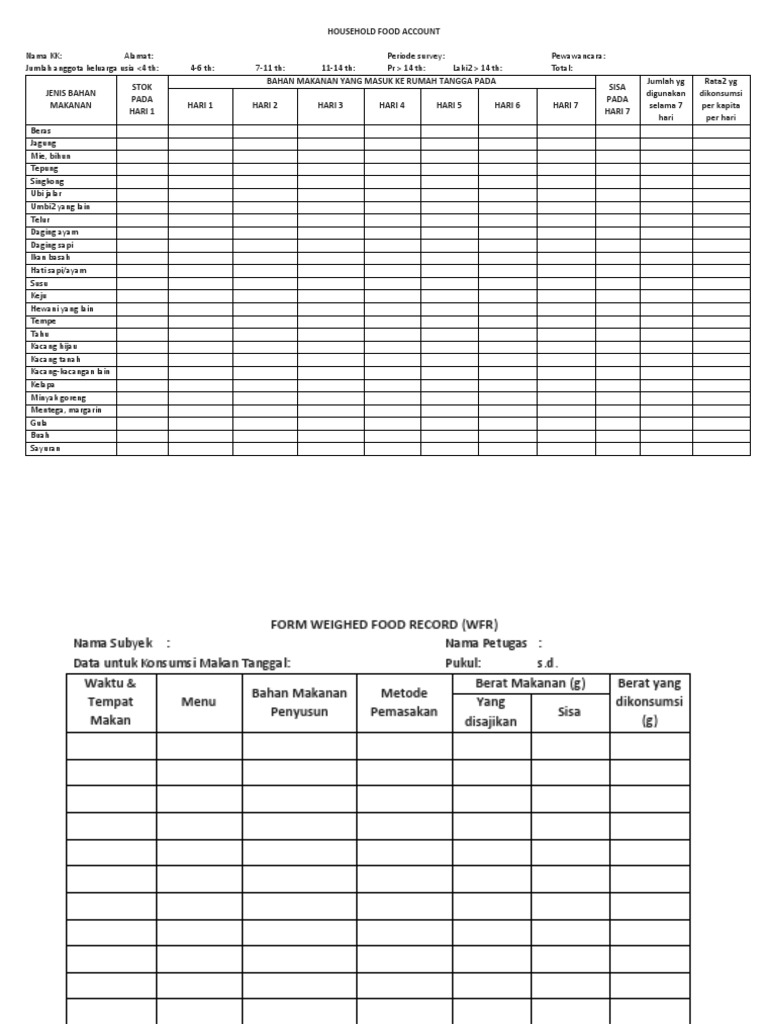 Form Food Account Food Record Food Recall