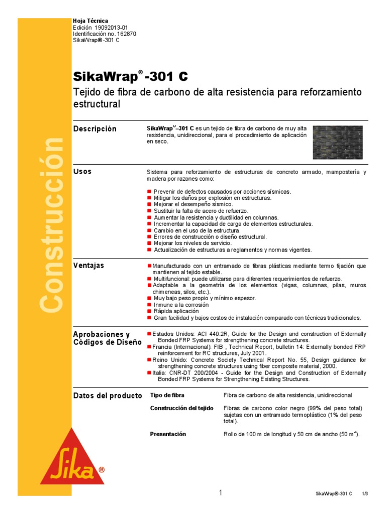 Tejido Fibra Carbono Reforzamiento Estructural Sikawrap 301 C | PDF ...