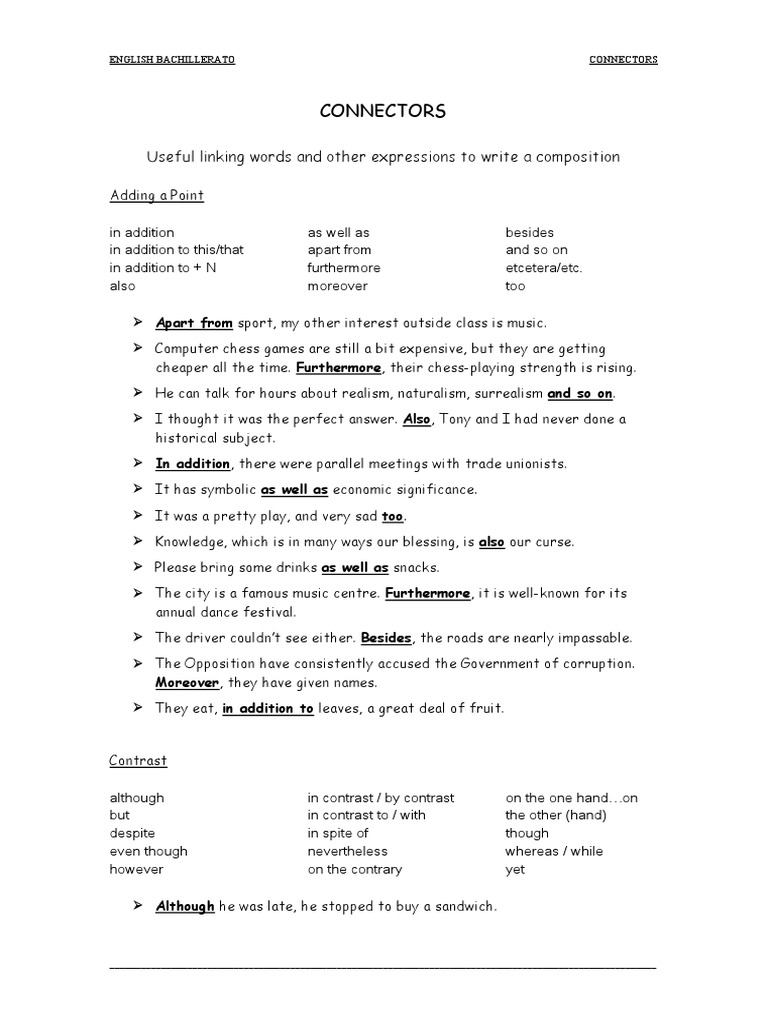 Useful Connectors for Writing Compositions in English | PDF