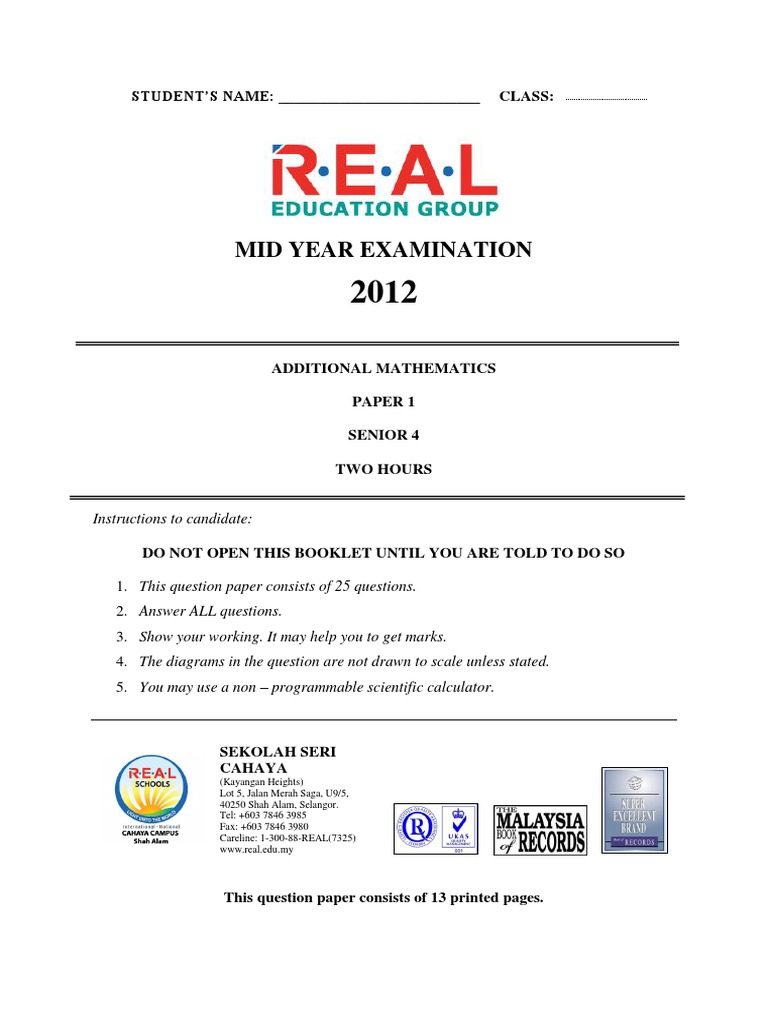 Add Maths Form 4 Paper 1 Midterm 2012 | PDF | Sine | Trigonometric ...