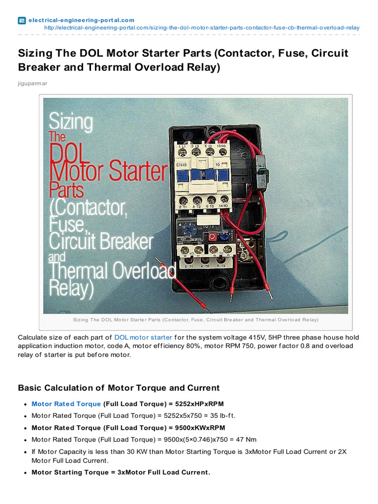 Sizing The DOL Motor Starter Parts Contactor Fuse Circuit Breaker and ...