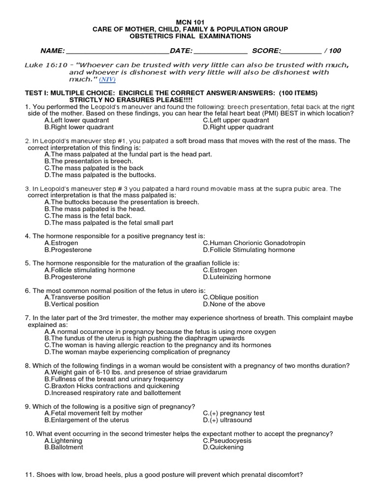 NCM 101 - Obstetrics Exam | PDF | Pregnancy | Uterus